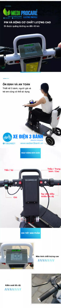 Xe điện 3 bánh, xe ba bánh điện mini, gấp gọn, giá rẻ cho người già ...